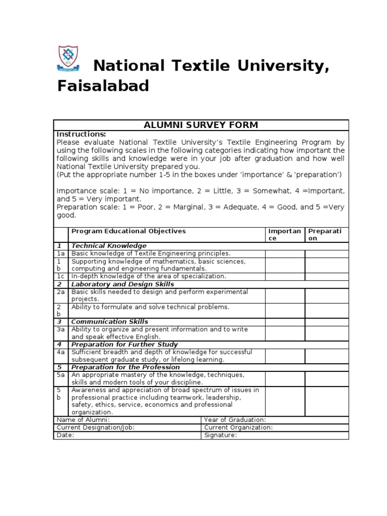 Alumni Survey for Textile Engineering Program | PDF