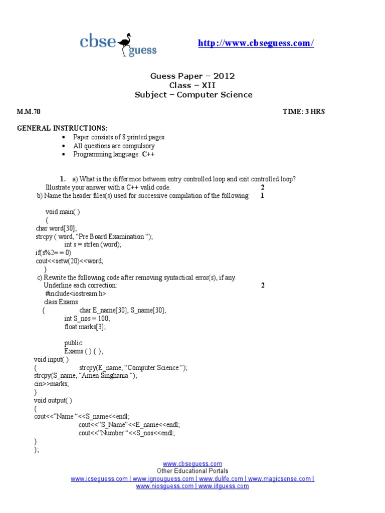 Guess Paper - 2012 Class - XII Subject - Computer Science: M.M.70 Time: 3 Hrs General ...