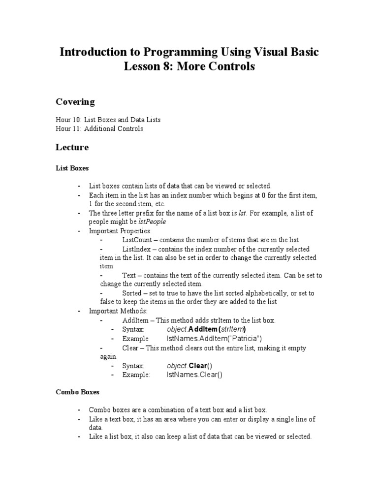 Introduction To Programming Using Visual Basic Lesson 8 More Controls Pdf Typefaces