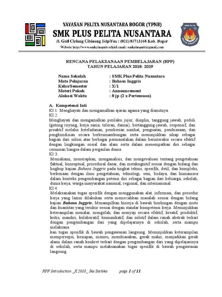 RPP Kelas X KD 3.5 (Announcement) | PDF