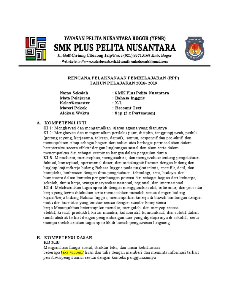 RPP Kelas X KD 3.10 (Recount Text) | PDF