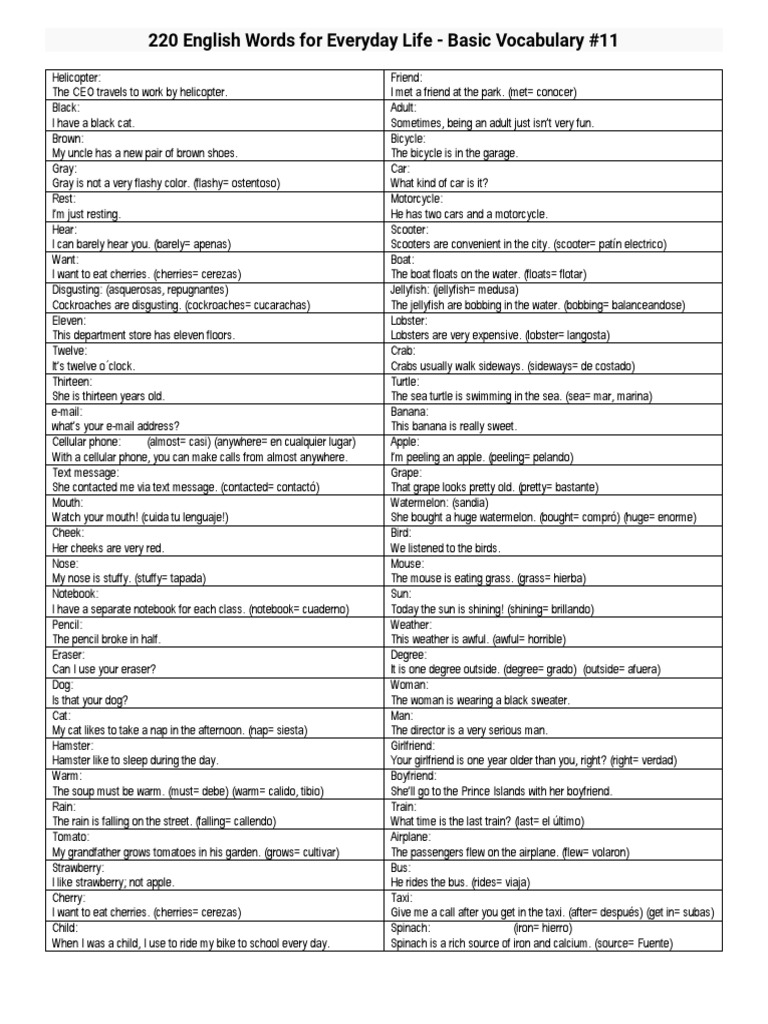 220 Essential English Words for Daily Use | PDF