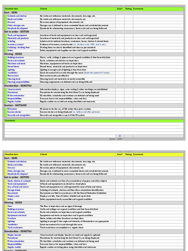 Sort - SEIRI: Checklist Item Criteria Exist? Rating Comments | PDF ...