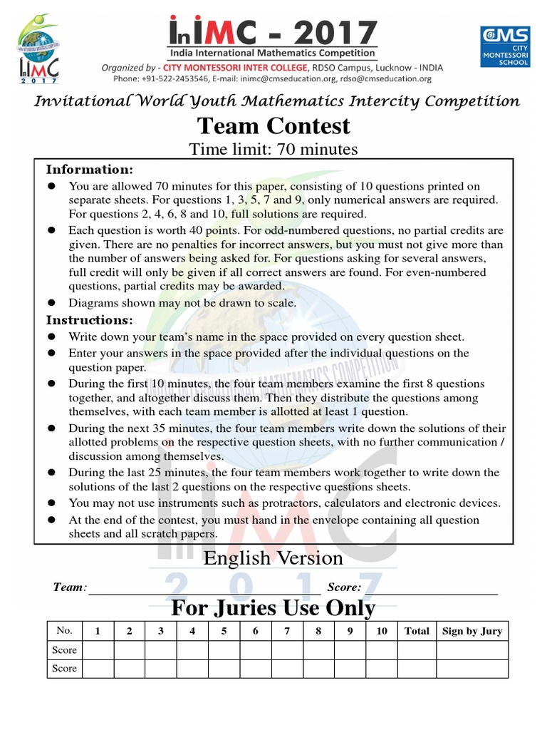 2017InIMC Keystage III Team ENG.x17381 | PDF | Mathematics | Elementary ...