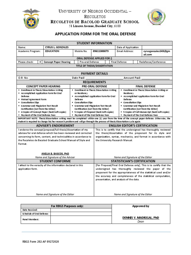 Application Form For The Oral Defense | PDF | Thesis | Academia