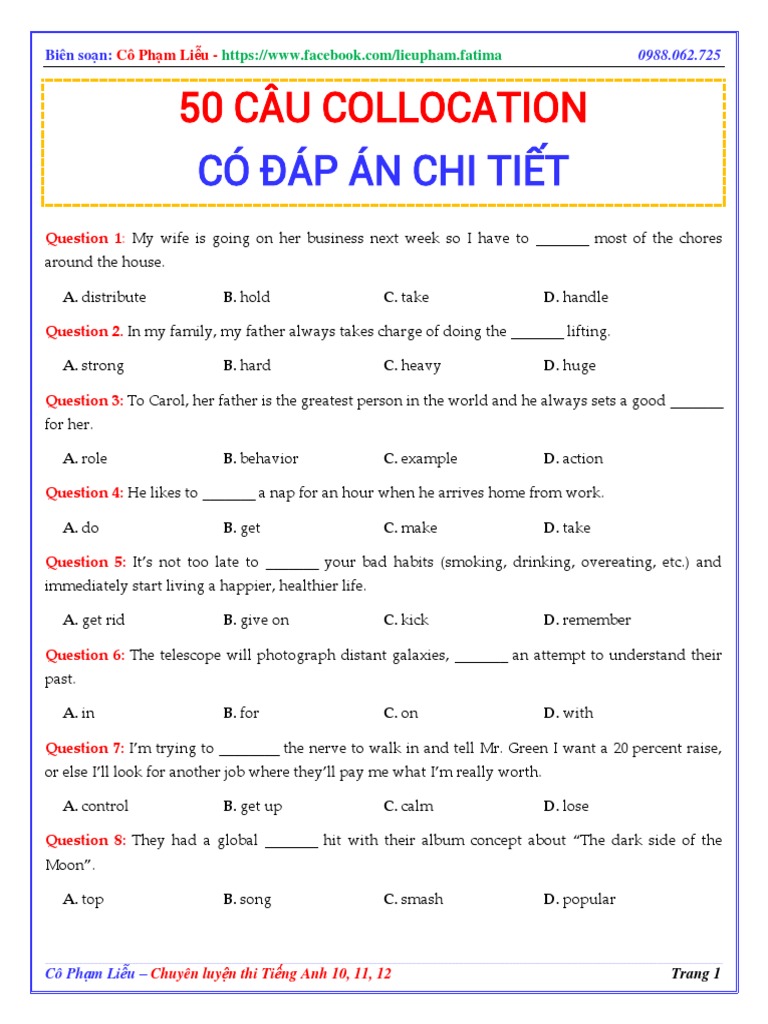 50 Collocation Exercises with Answers | PDF