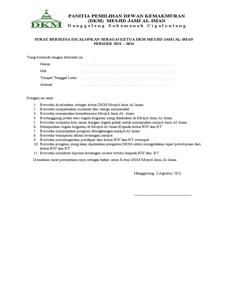 Surat Kesdiaan DKM | PDF