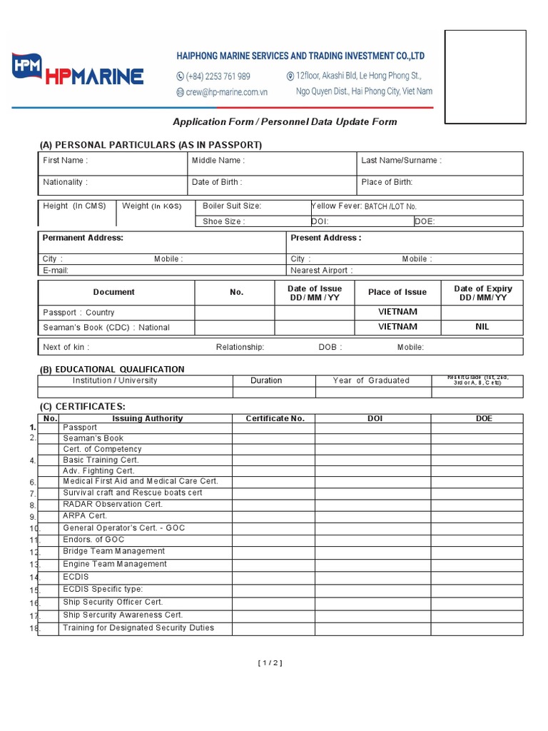 HP Marine Crew Application Form | Download Free PDF | Sailor | Ships