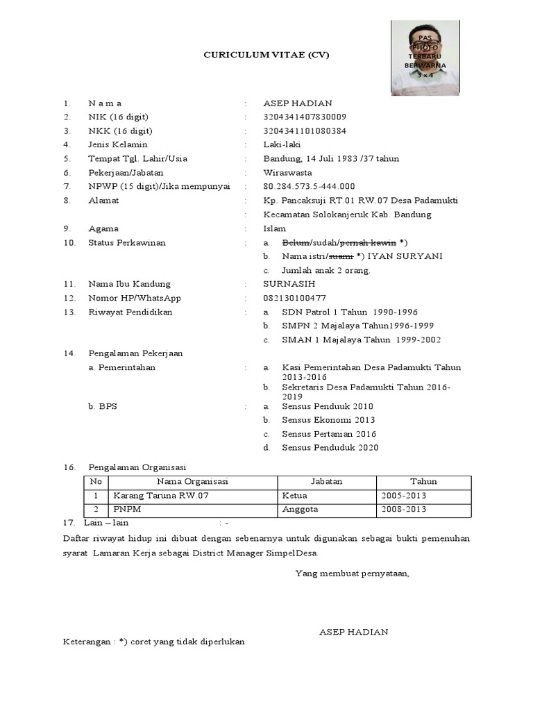CV Asep Hadian 2021 SimpelDesa | PDF