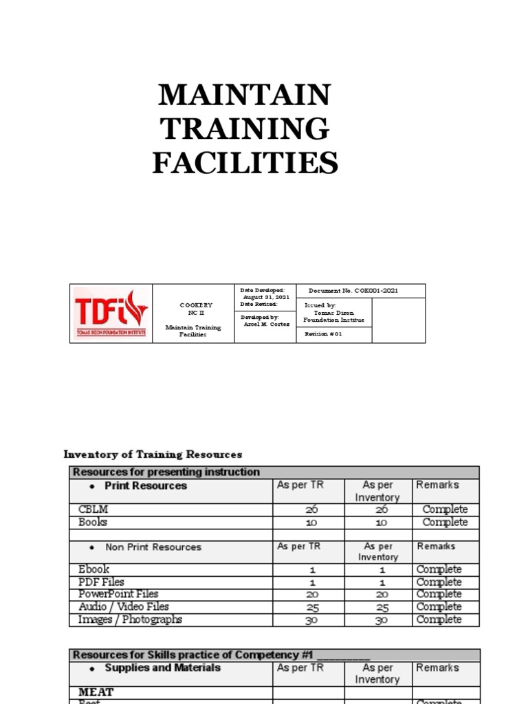 Maintain Training Facilities | PDF | Cooking | Foods