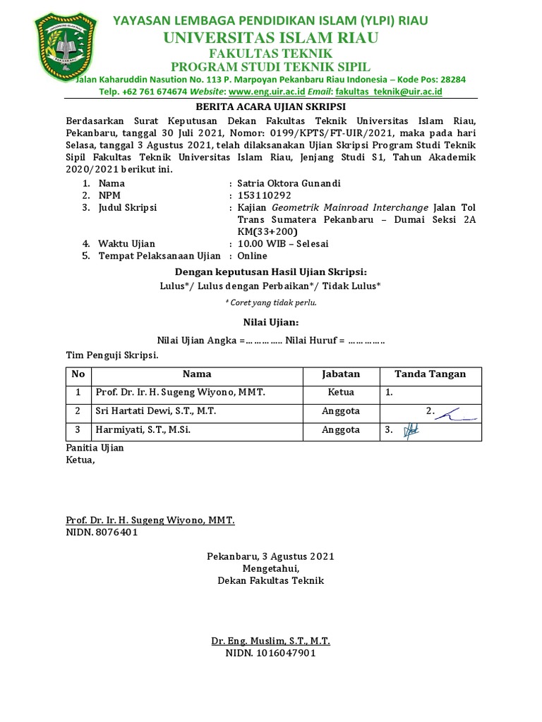 Berita Acara Sidang Kompre Satria Oktora Gunandi 153110292 | PDF