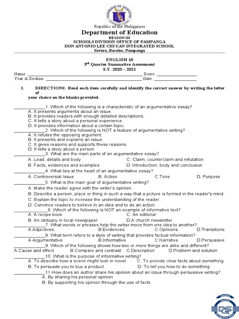 Department Of Education English 10 3 Quarter Summative Assessment S Y