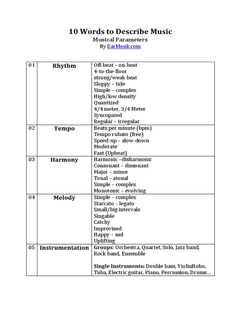10 Words To Describe Music | PDF | Tempo | Harmony
