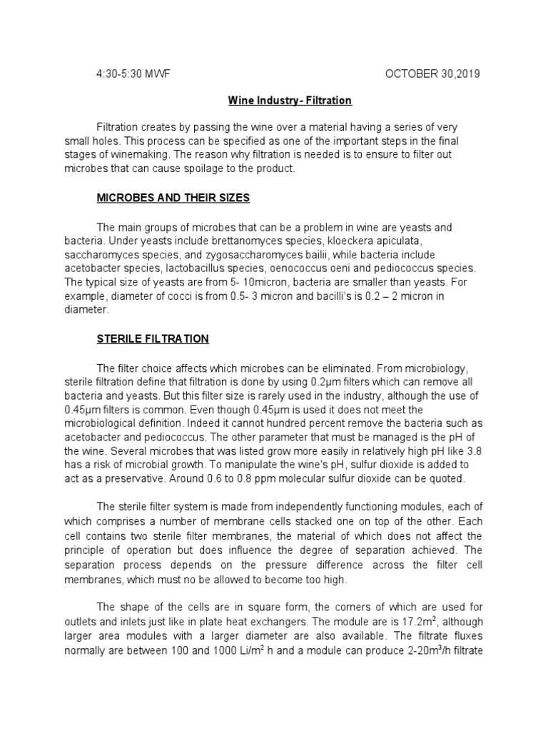Wine Filtration Process | PDF | Sterilization (Microbiology) | Yeast