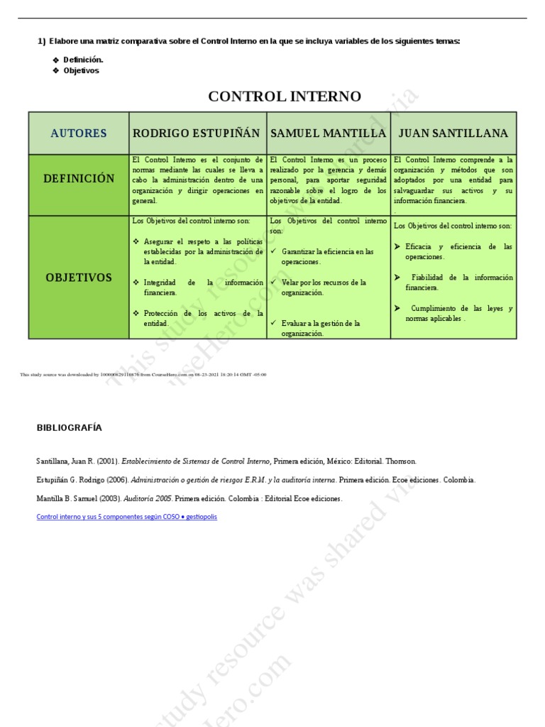 Definiciones y objetivos del control interno según diferentes autores ...