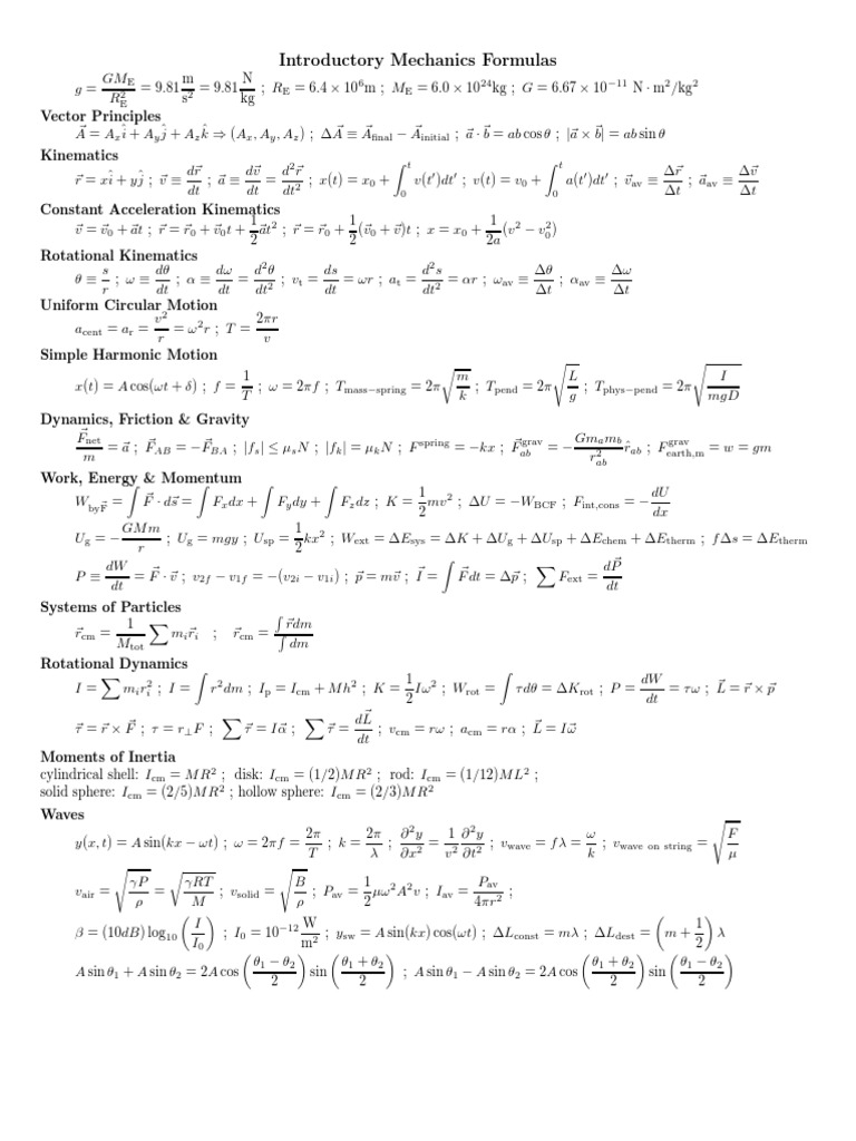 Physics I Equation Sheet | PDF | Kinematics | Physical Quantities