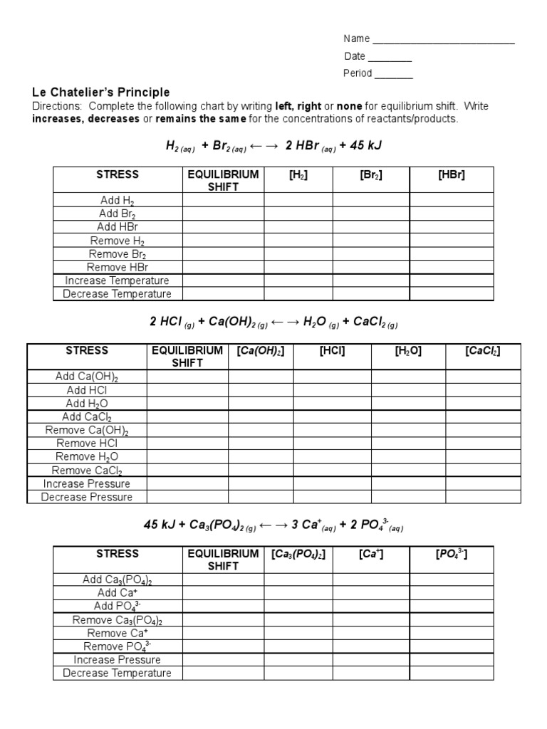 Le Chatelier's Principle Worksheet | PDF