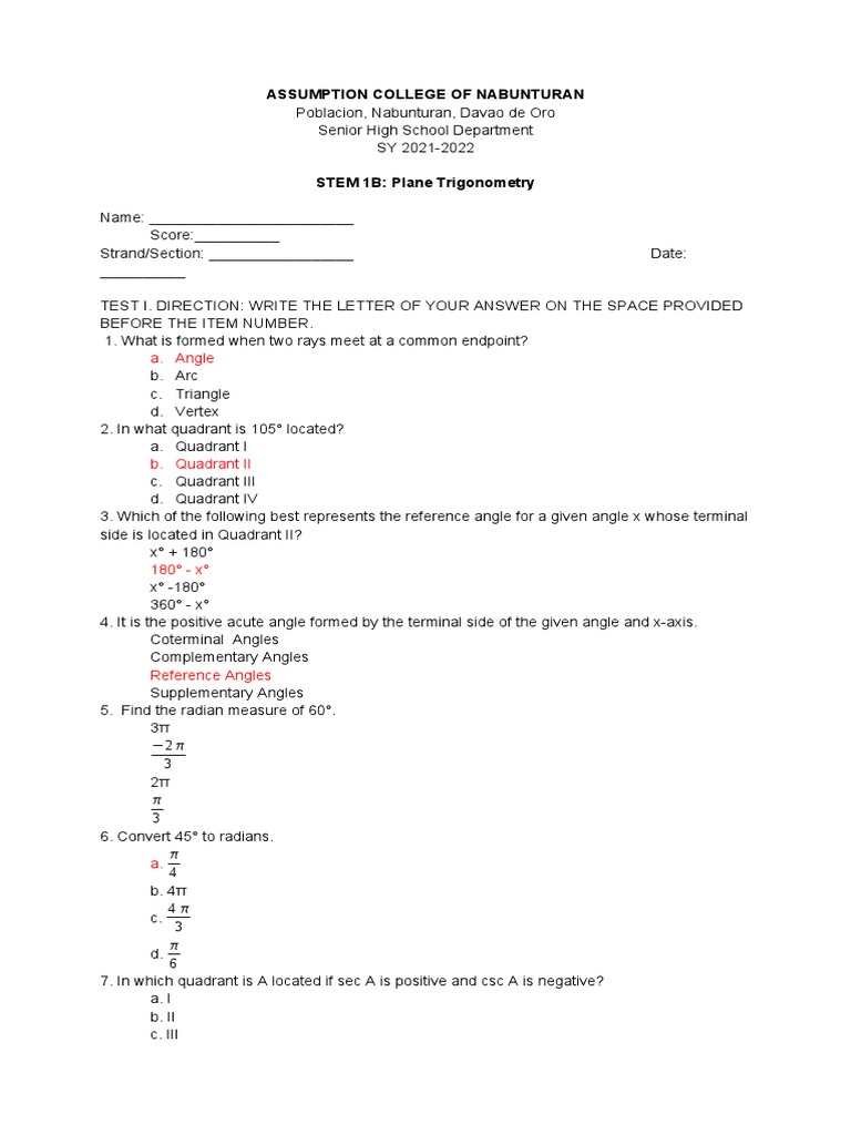Plane Trigonometry Sample Questions Pdf Trigonometric Functions Angle