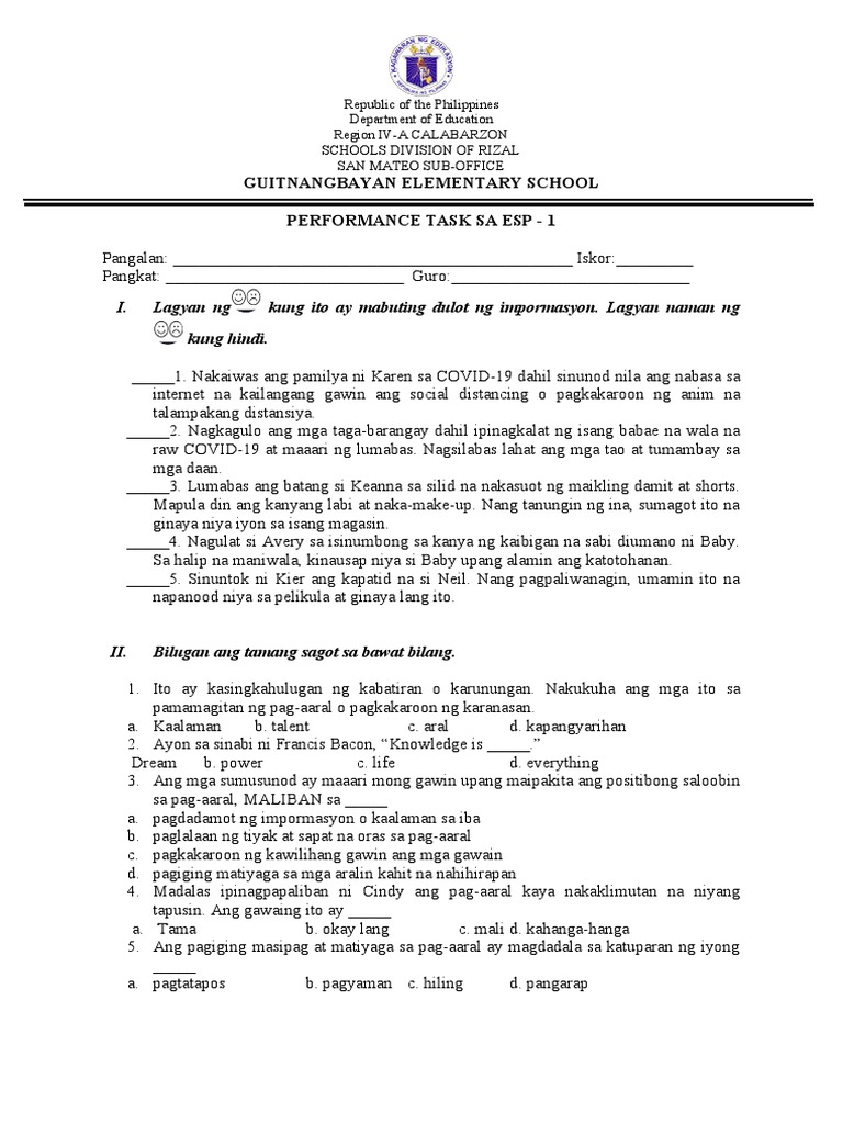 Esp q1 Performance Task | PDF