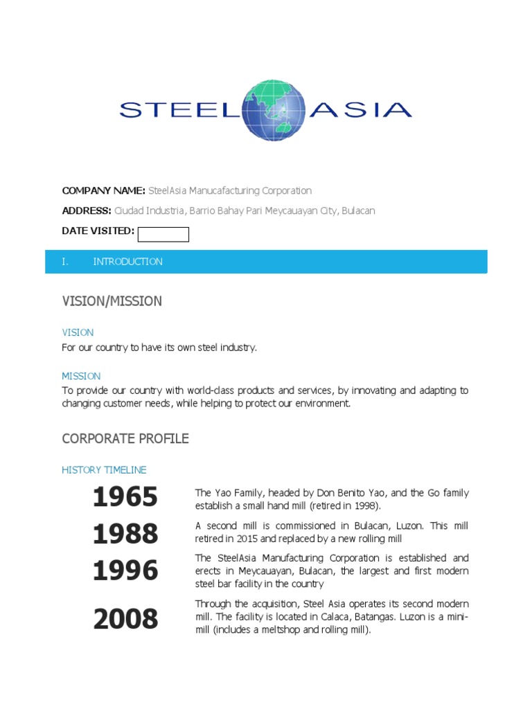 Vision/Mission: Steelasia Manucafacturing Corporation Ciudad Industria ...