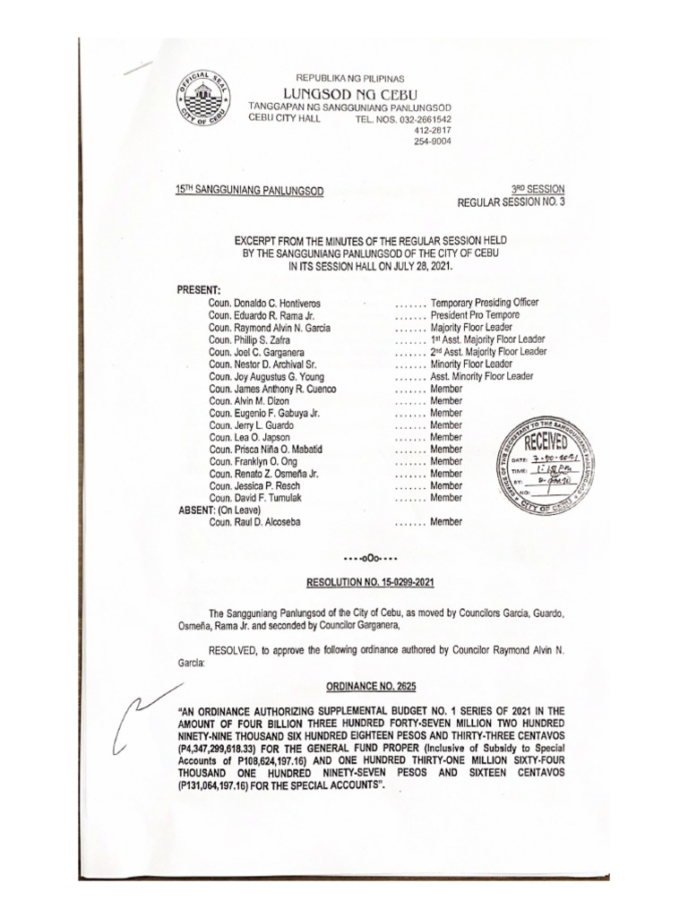 Cebu City Ordinance No. 2625 Supplemental Budget No. 1 | PDF