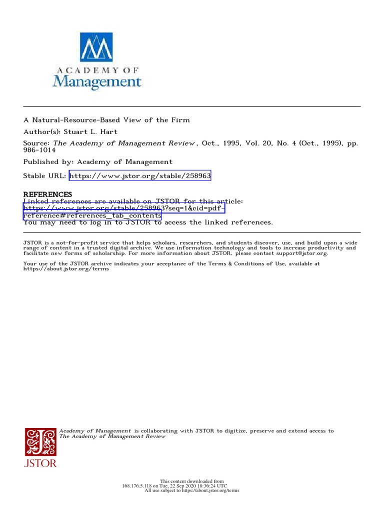 Stuard L. Hart (1995) A Natural Resource Based View of The Firm | PDF ...