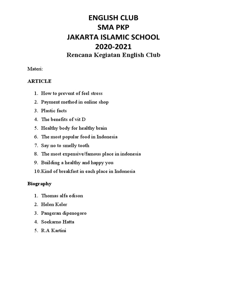 English Club Activities 2020-2021 | PDF