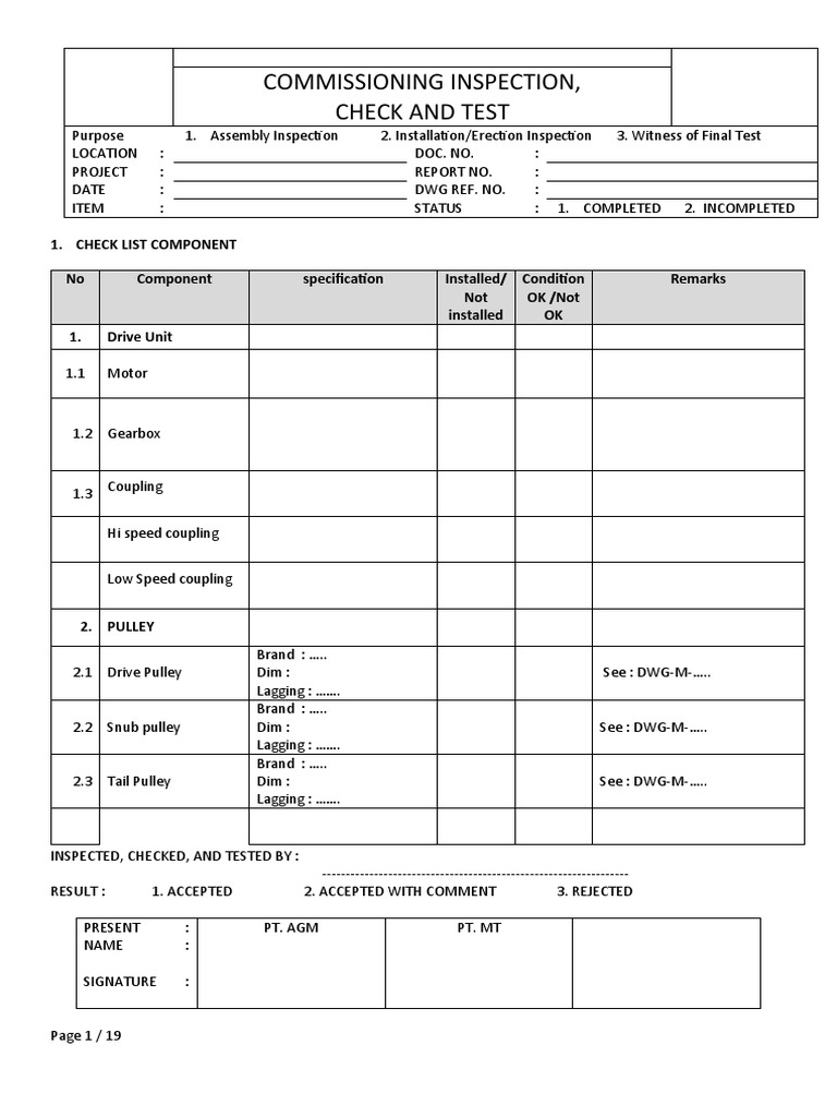Commissioning Inspection, Check and Test | PDF | Belt (Mechanical ...