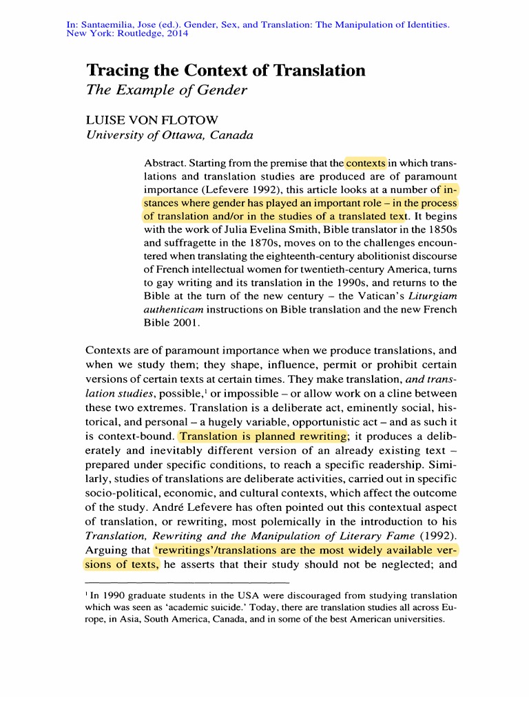Flotow - Tracing The Context of Translation | PDF | Grammatical Gender ...