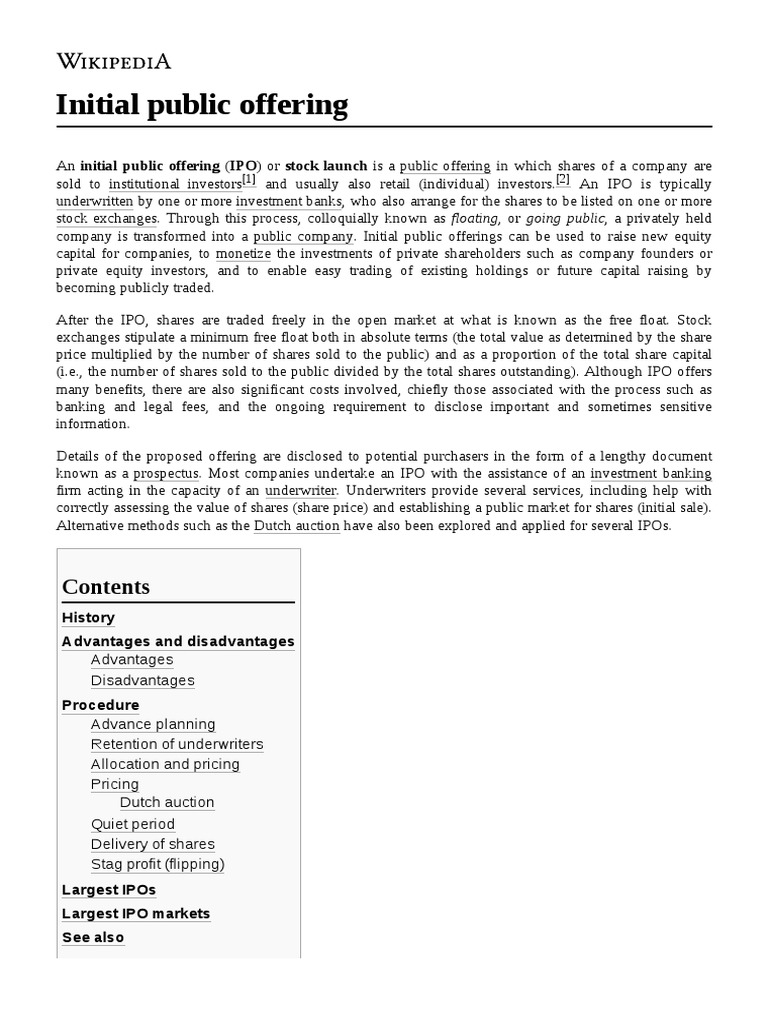 Initial Public Offering: History Advantages and Disadvantages | PDF ...