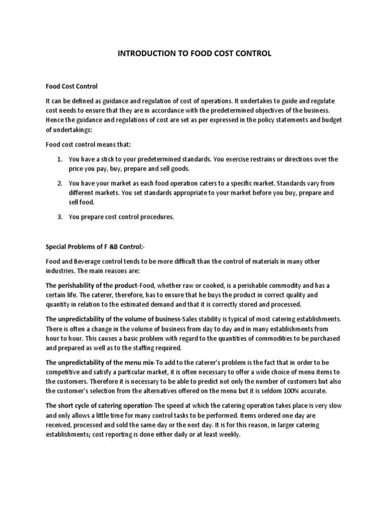Food Cost Control Essentials | PDF | Cost Accounting | Marketing