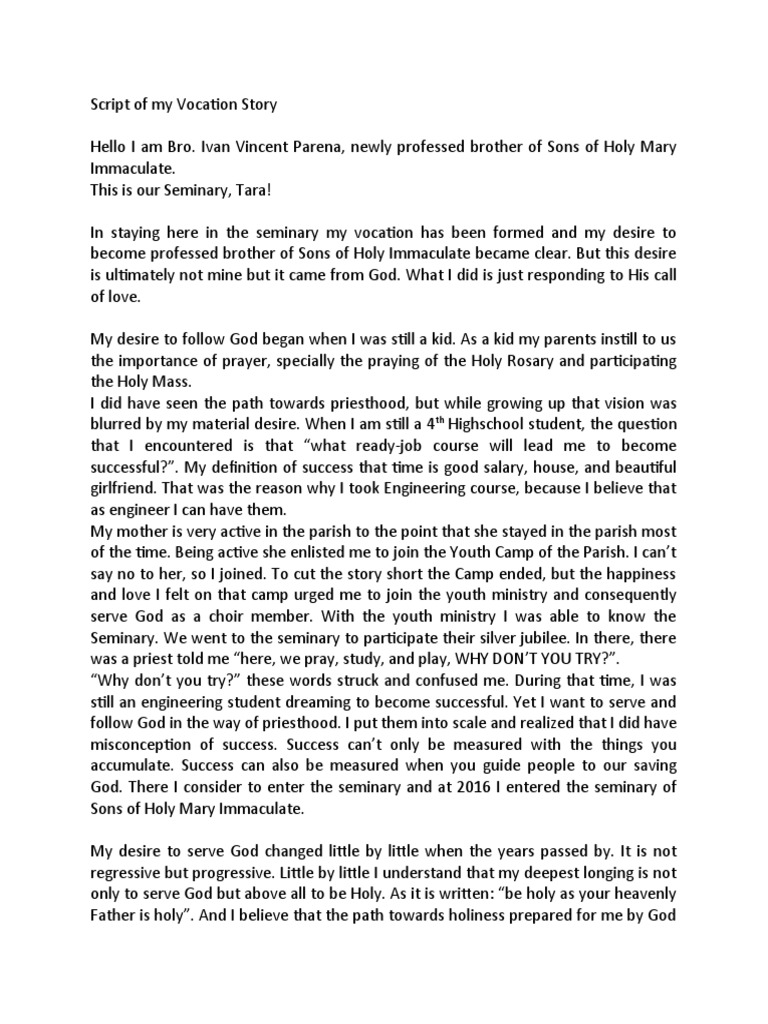 Script of My Vocation Story | PDF | Mary, Mother Of Jesus