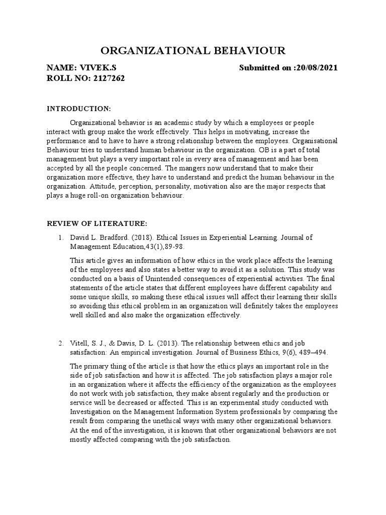 CIA 1 Summary | PDF | Organizational Behavior | Job Satisfaction