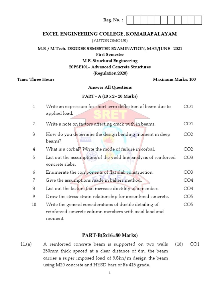 Excel Engineering College M.E. Structural Engineering Exam Questions ...