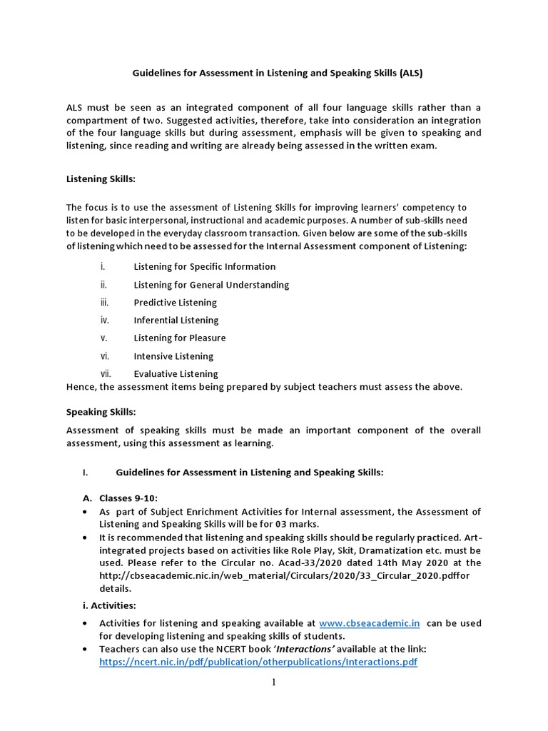 Guidelines For Assessment in Listening and Speaking Skills (ALS) | PDF ...
