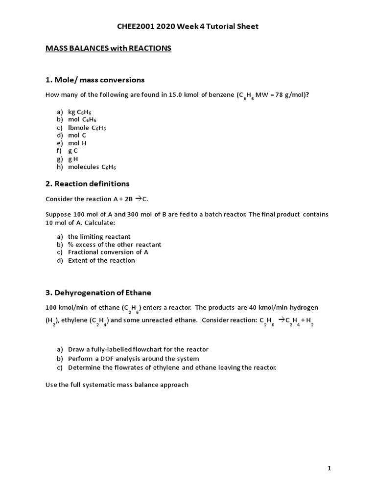 2020 CHEE2001 Week 4 Tutorial Sheet | PDF