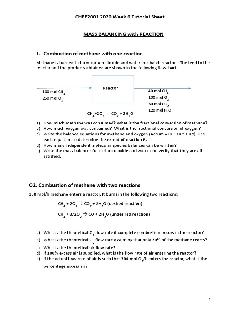 2020 CHEE2001 Week 6 Tutorial Sheet | PDF | Methane | Chemical Reactor