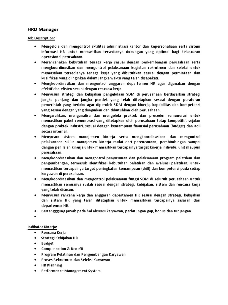 Job Desc - HRD Manager | PDF