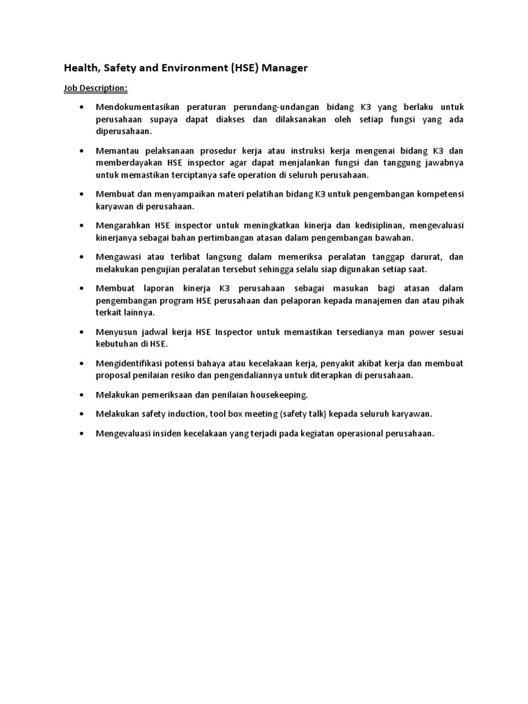 Job Desc - HSE | PDF