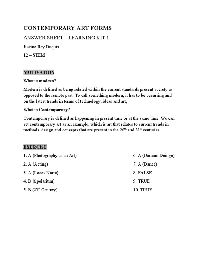 Contemporary Art Forms: Answer Sheet - Learning Kit 1 | PDF ...