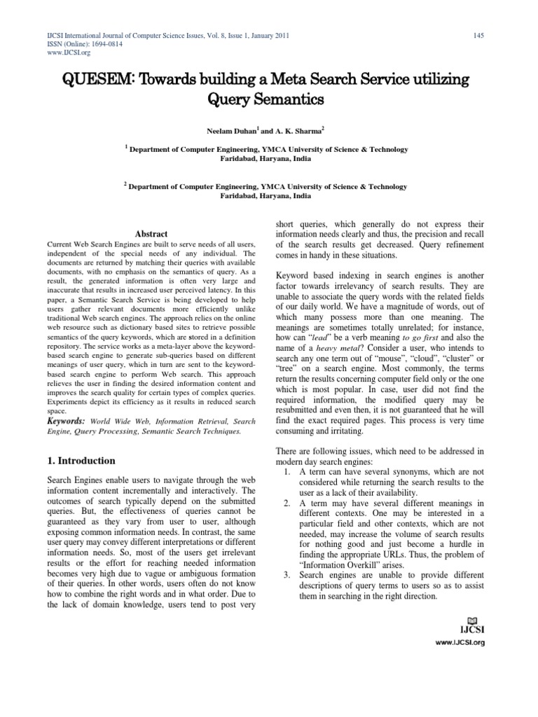 QUESEM: Towards Building A Meta Search Service Utilizing Query Semantics | PDF | Web Search ...