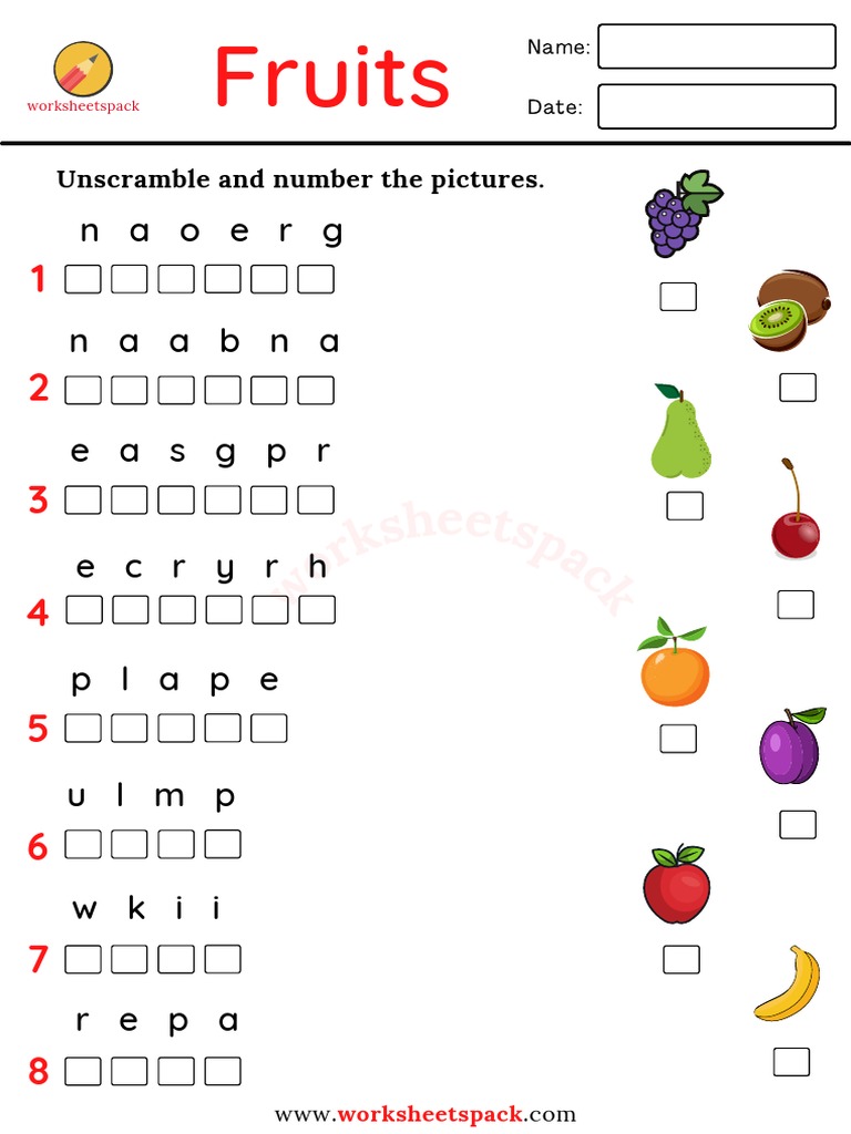 Word Scramble Worksheets Pack Fruits Unscramble and Match The Words ...