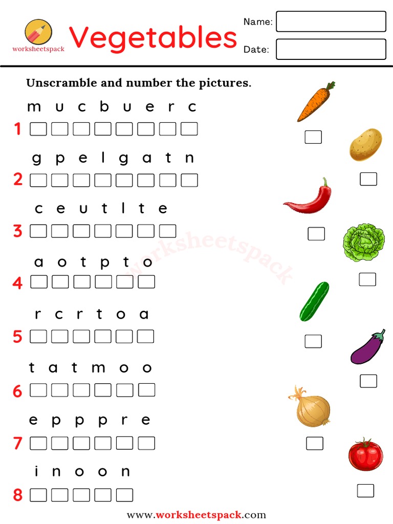 Word Scramble Worksheets Pack Vegetables Unscramble and Match The Words ...