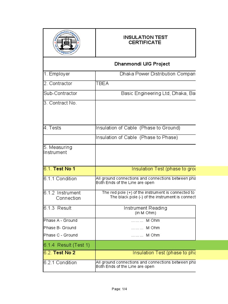 Cable Insulation Test Report Format | PDF | Electrical Engineering ...