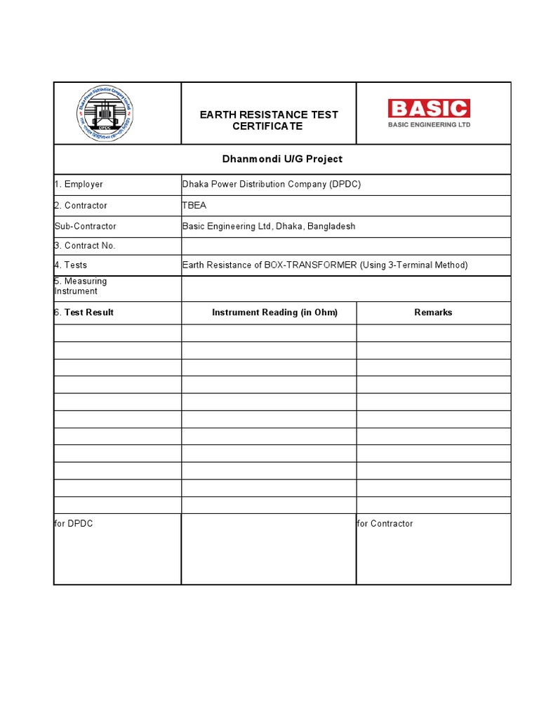 Earth Resistance Test Format For BOX-TR | PDF