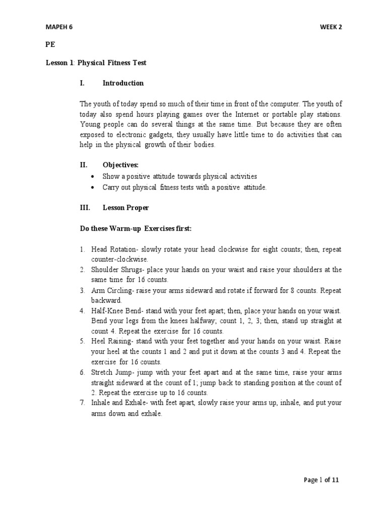 PE Lesson 1: Physical Fitness Test I.: Mapeh 6 Week 2 | PDF
