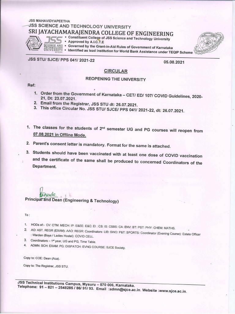 Circular - Reopening The University | PDF