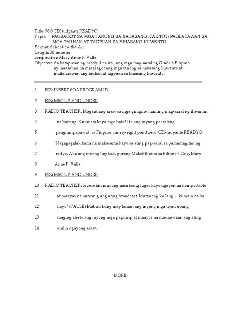 Sample Scriptgrade 6 2ND QTR. FILIPINO WEEK 1 | PDF