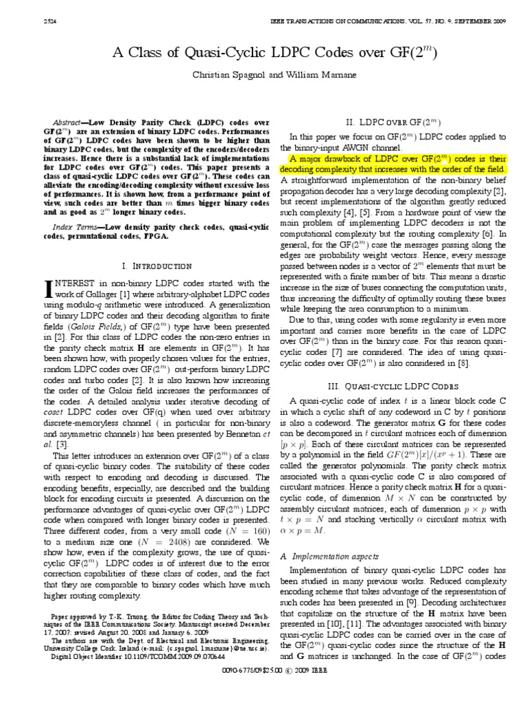 A Class of Quasi-Cyclic LDPC Codes Over GF | PDF | Low Density Parity ...