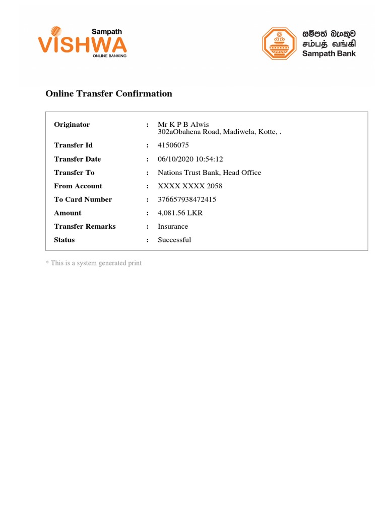 Online Transfer Confirmation - 2058 | PDF | Finance & Money Management
